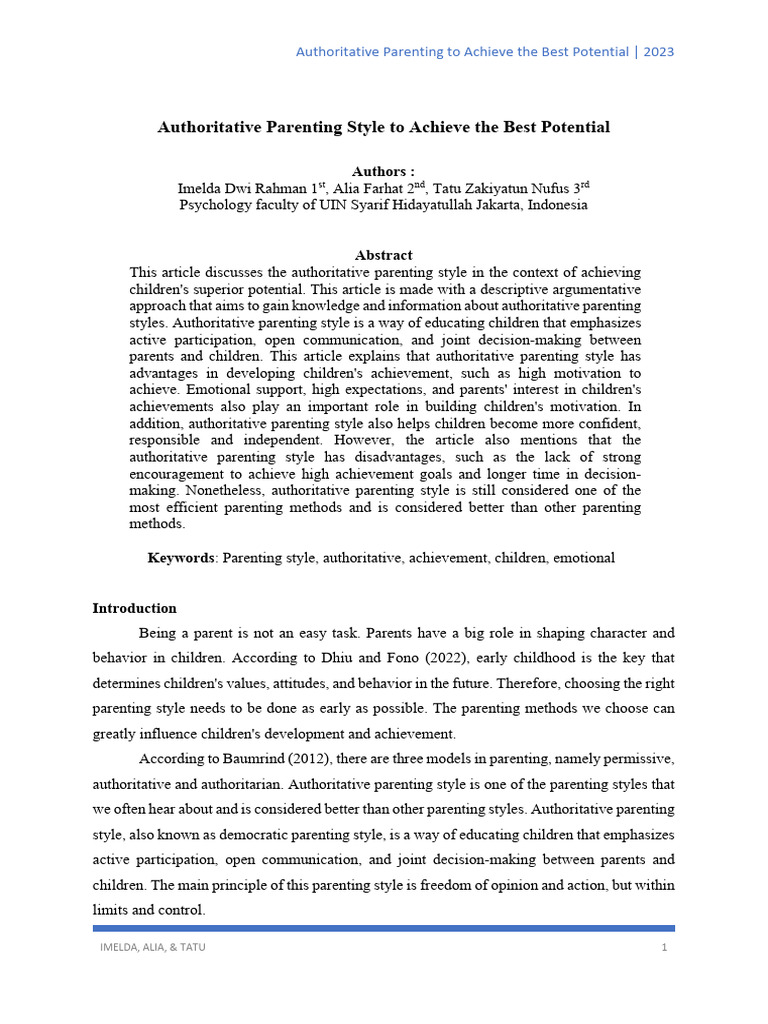 Authoritative Parenting Style To Achieve The Best Potential | PDF ...