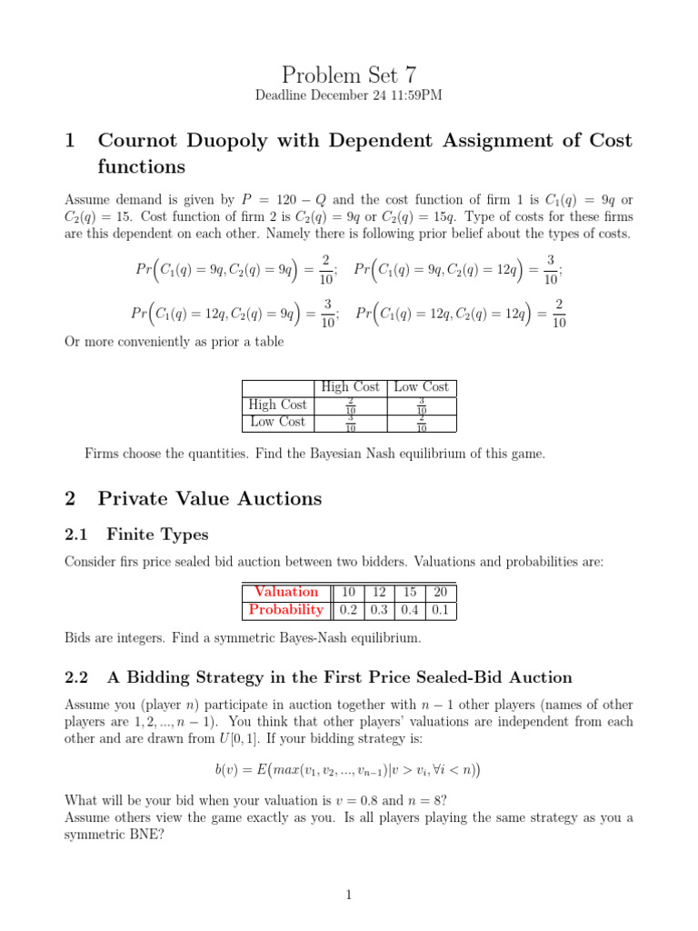Problem Set 7 | Download Free PDF | Auction | Auction Theory