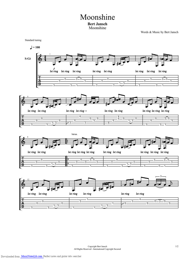 Bert Jansch-Moonshine | PDF | Guitar Family Instruments | Irish Musical Instruments
