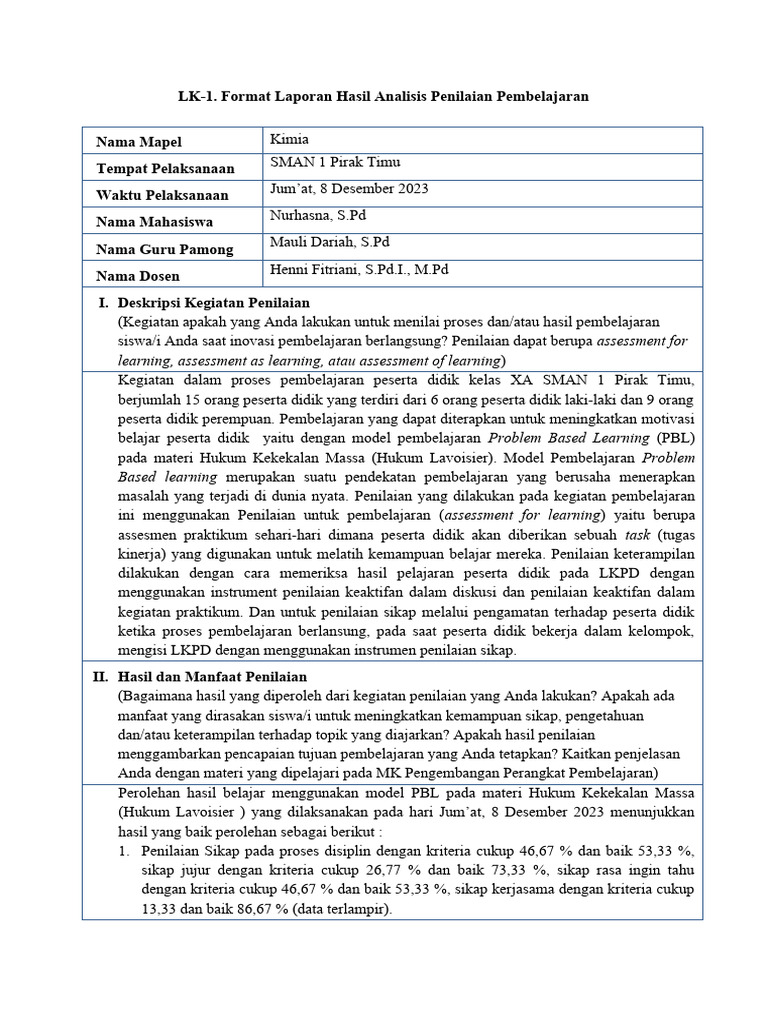 Laporan Penilaian PBL Kimia | PDF