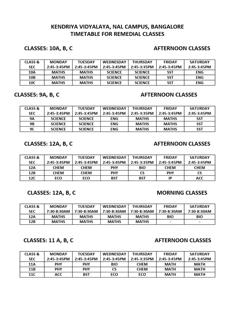 Remedial Classes Timetable 2023 | PDF | Teaching Methods & Materials