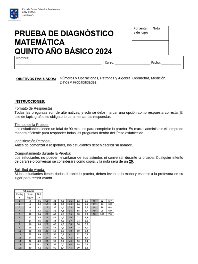 Prueba Diagnóstica Matemática 5° Básico 2024 | PDF