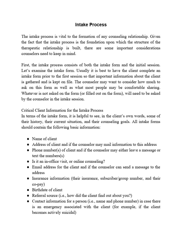 Intake Process | PDF | Psychotherapy | Substance Abuse