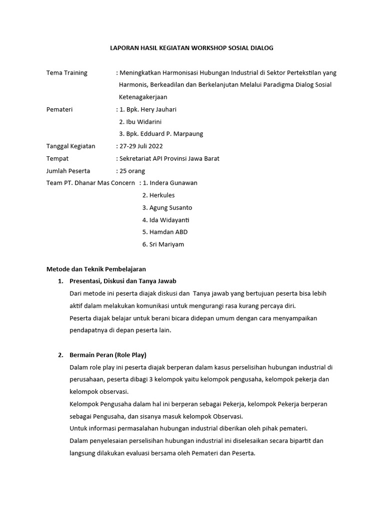 Laporan Hasil Workshop Sosial Dialog | PDF