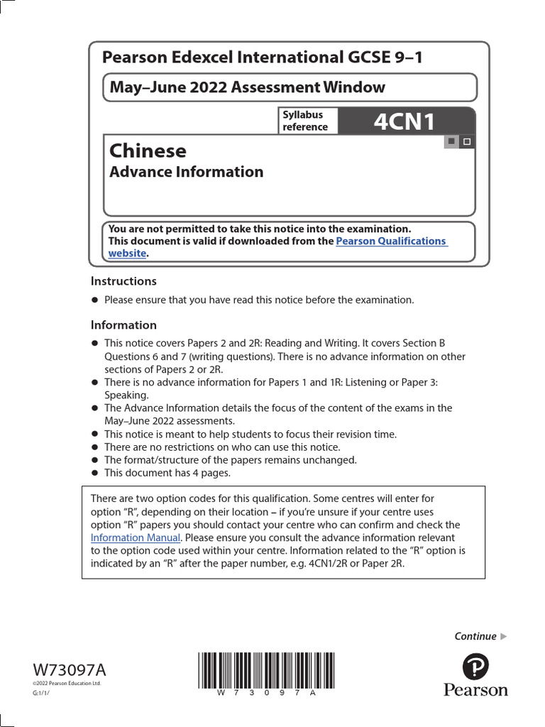 Edexcel IGCSE Chinese 2022 Exam Guide | PDF | Learning