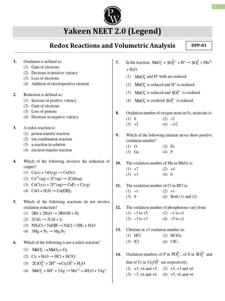 Redox Reactions and Volumetric Analysis - DPP 01 (Of Lec-02) - Yakeen 2.0 2024 (Legend) | PDF ...