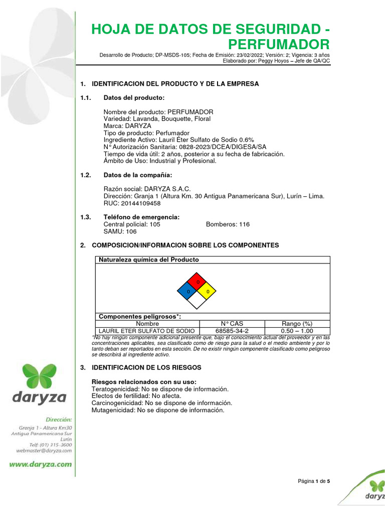 MSDS Desinfectante Daryza | PDF | Reciclaje | Agua