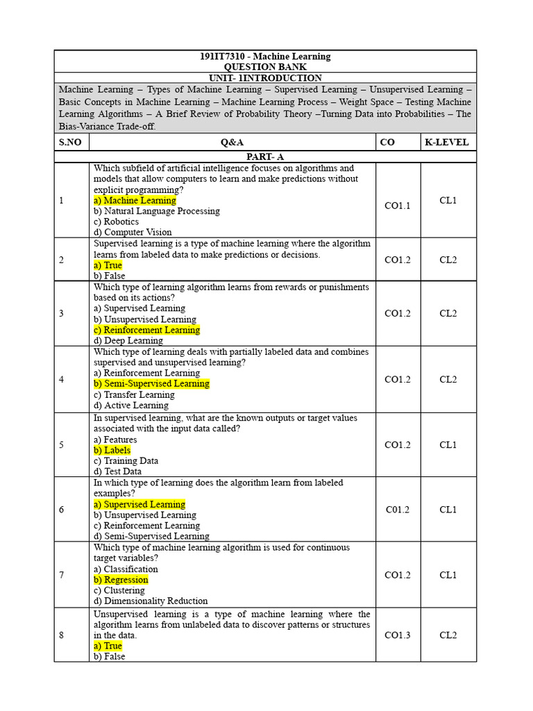 191IT7310Machine LearningQB | PDF | Machine Learning | Cluster Analysis