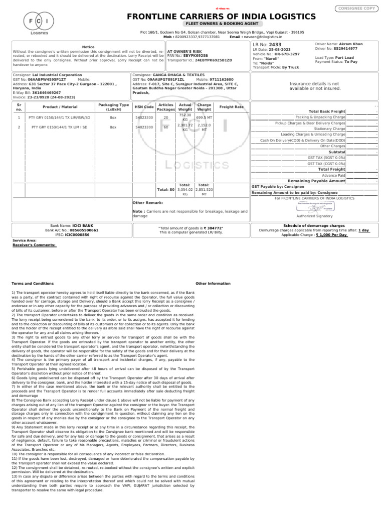 LR 2433 | PDF | Cargo | Receipt