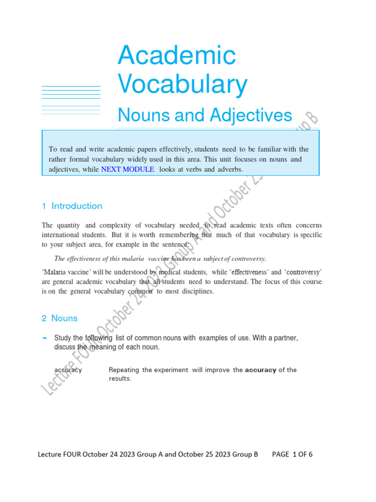 All PDFs Ss Academic Vocabulary Nouns Adjectives Verbs Adverbs Conjunctions Lecture FOUR October ...