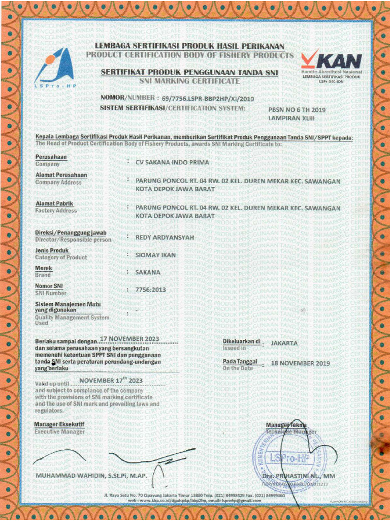 Sertifikat Sni Siomay | PDF