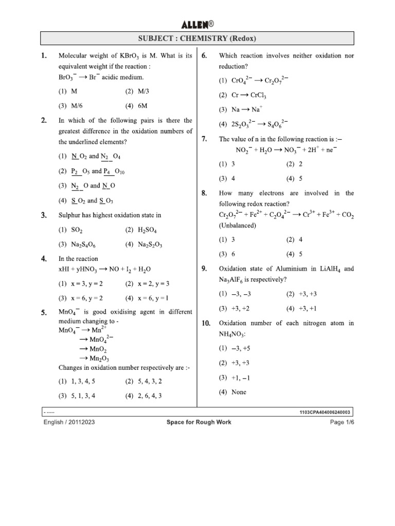 Redox Chemistry Paper With Answerkey | PDF