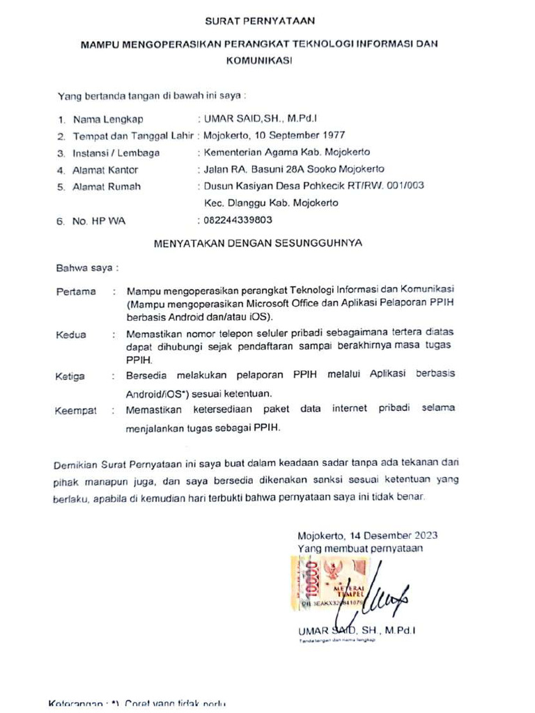 Surat Pernyataan PPIH | PDF