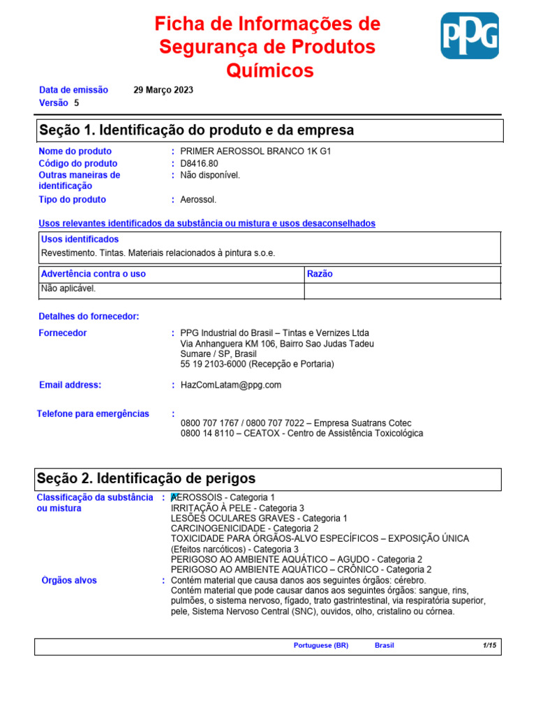 10. Aerosol primer branco D8416 PPG. | PDF | Solvente | Dor
