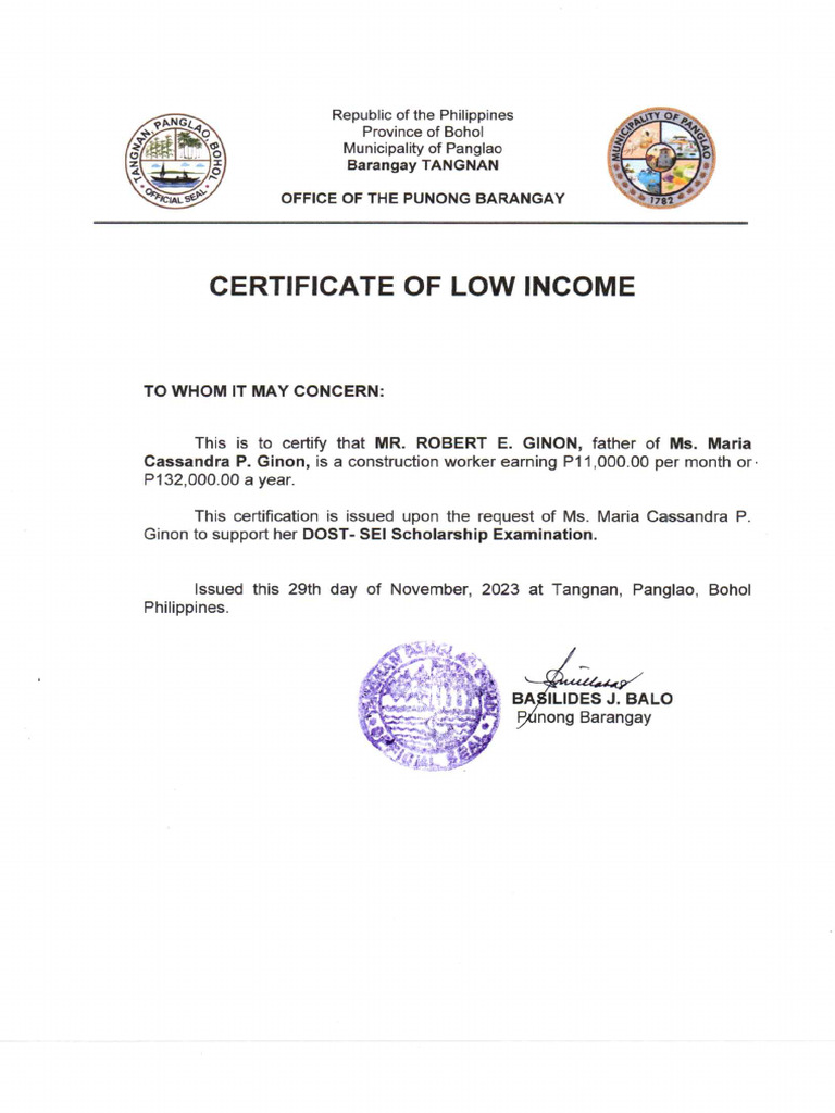Ginon - Certificate of Low Income | PDF