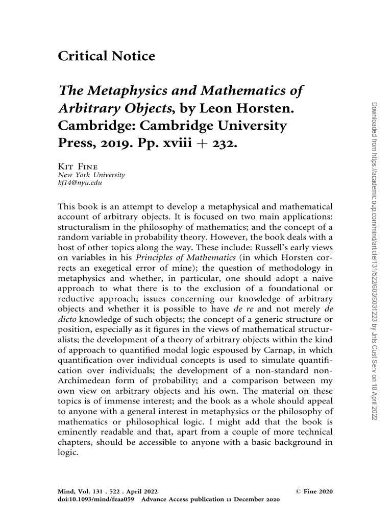Review of "The Metaphysics and Mathematics of Arbitrary Objects, by ...