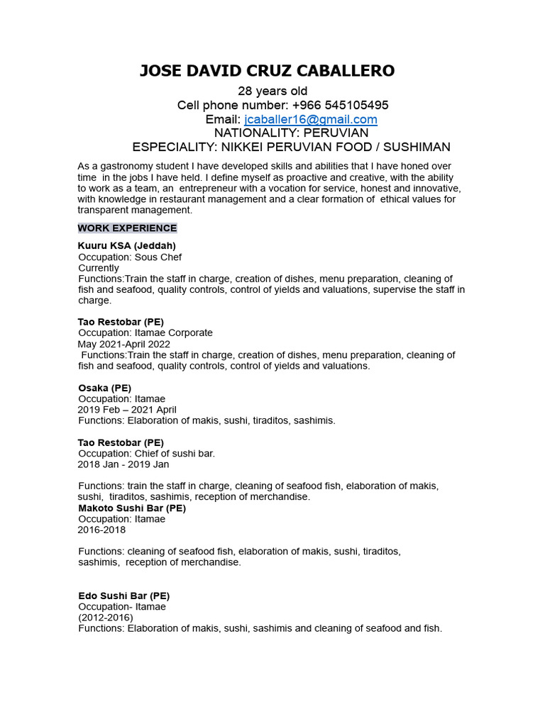 Peruvian Sushi Chef Resume Overview | PDF | Sushi | Gastronomy