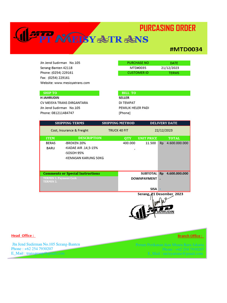 Purcase Order Beras Broken 15 | PDF