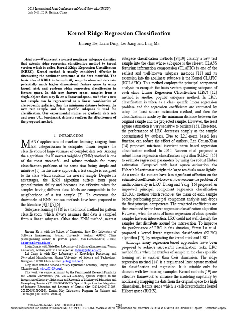 Kernel Ridge Regression Classification | PDF | Multicollinearity | Regression Analysis