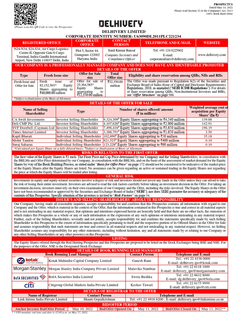 Delhivery Limited Prospectus 1 Min | PDF | Stocks | Investing