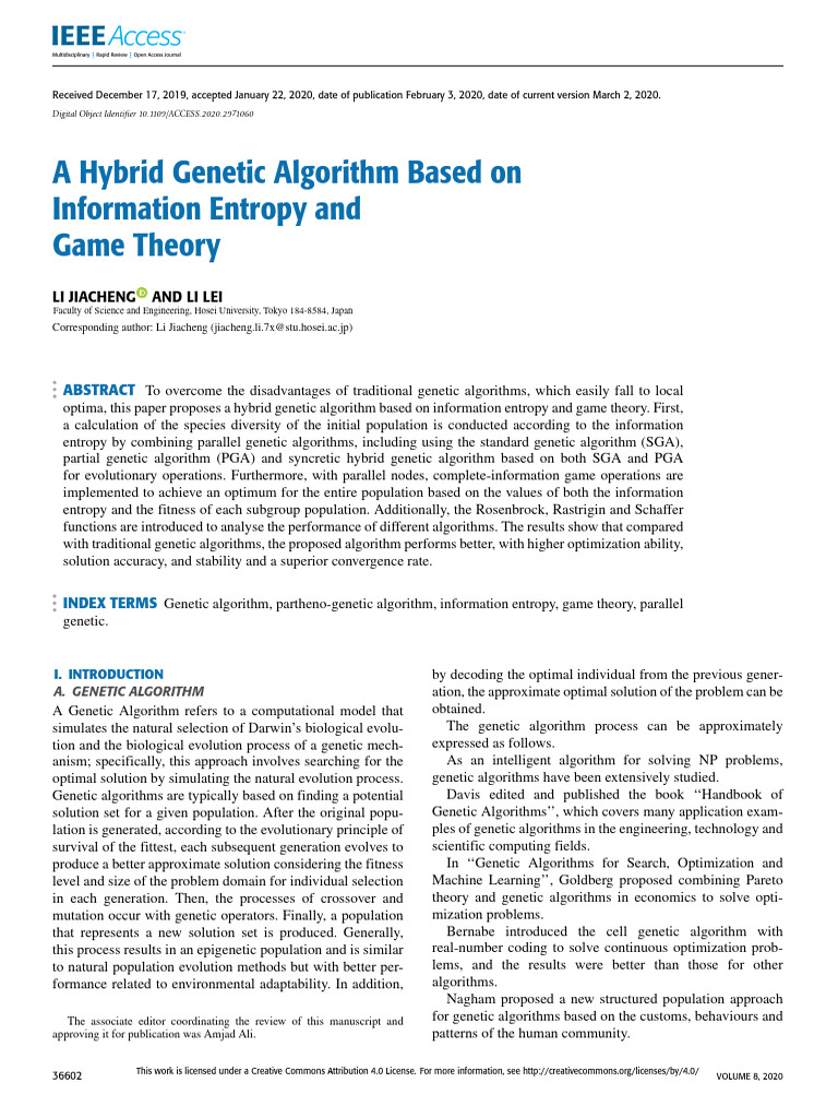 A Hybrid Genetic Algorithm Based On Information Entropy And Game Theory Pdf Genetic 