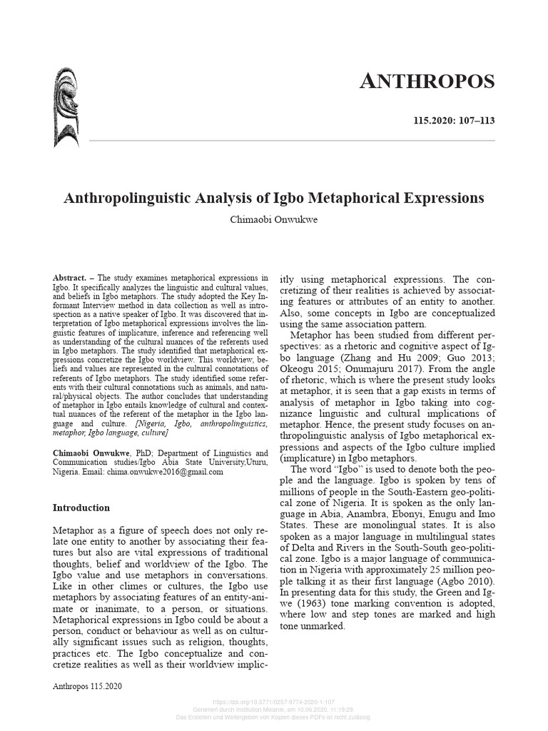 Anthropolinguistic Analysis of Igbo Metaphorical Expressions | PDF ... Anthropolinguistic Analysis of Igbo Metaphorical Expressions | PDF ...