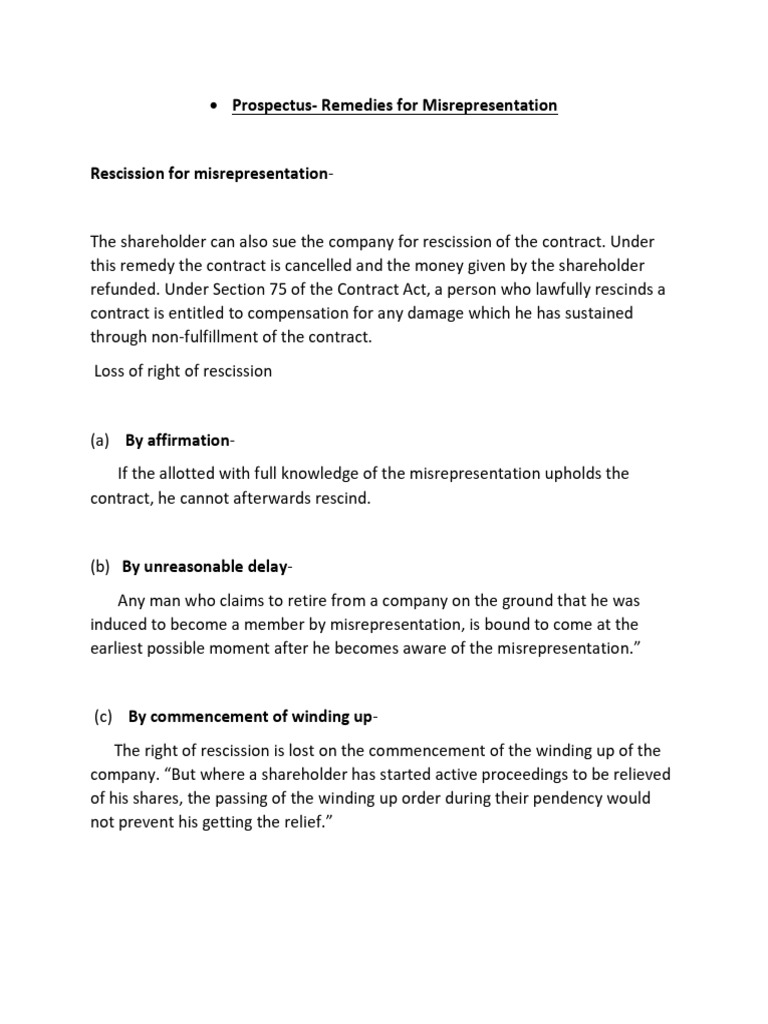 Prospectus-Remedies For Misrepresentation | PDF | Misrepresentation ...