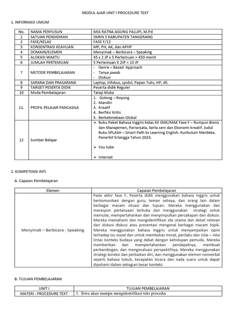 Modul Ajar Kelas 12 Procedure Text | PDF
