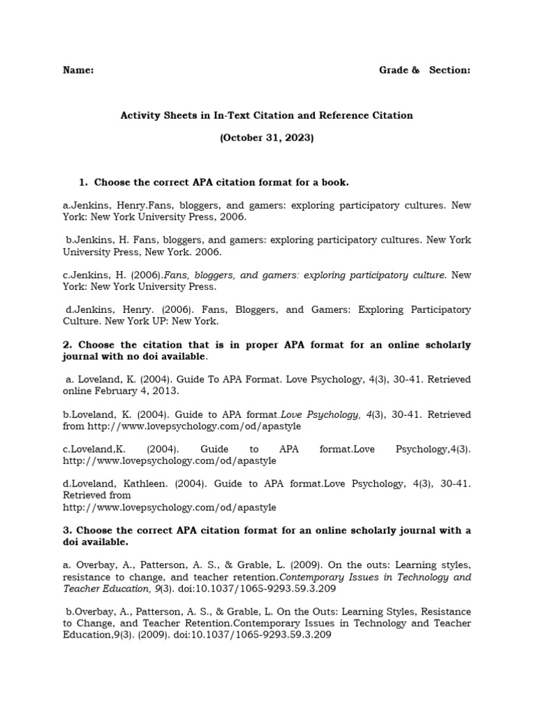 Activity Sheets in Text Citation | PDF | Apa Style | Citation