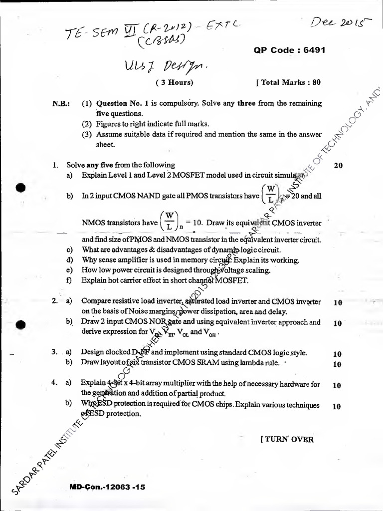 Te-Extc Sem6 Vlsi Dec15 | PDF