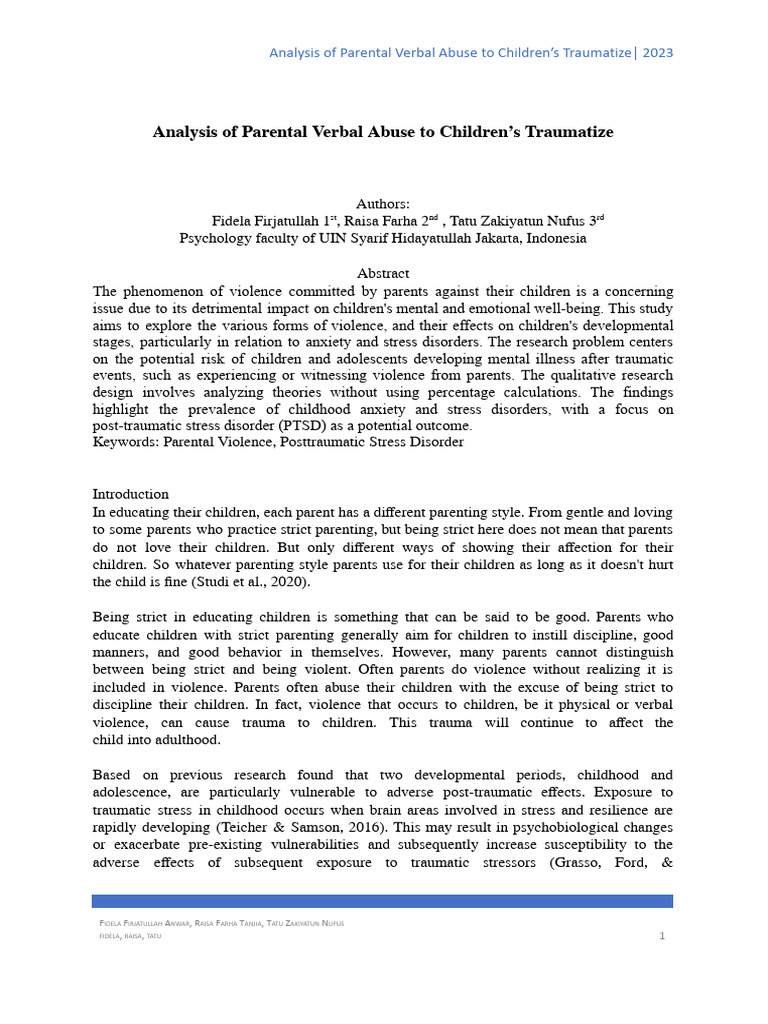 Analysis of Parental Verbal Abuse To Children's Traumatize | PDF ... Analysis of Parental Verbal Abuse To Children's Traumatize | PDF ...