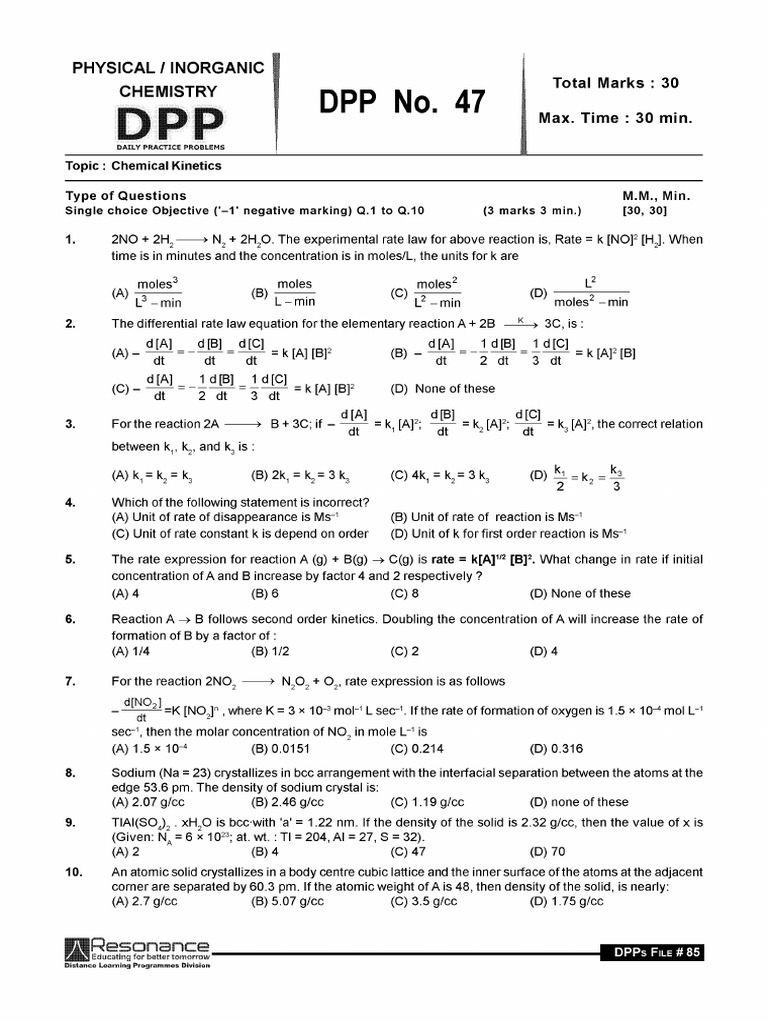 DPP 12th For Chemistry With Solution - 1 | PDF