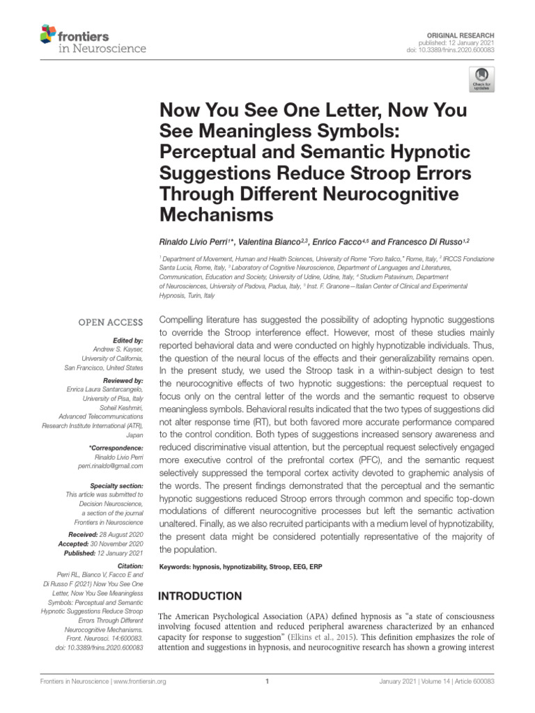 Perceptual and Semantic Hypnotic Suggestions Reduce Stroop Errors | Download Free PDF | Hypnosis ...