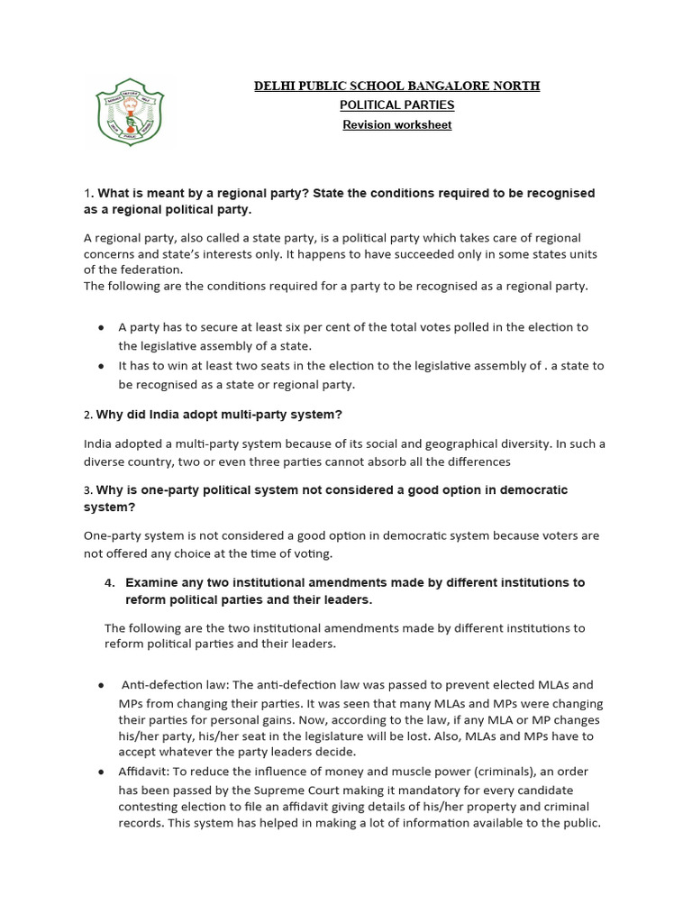 Political Parties Class 10 Revision Worksheet | PDF | Political Parties ...