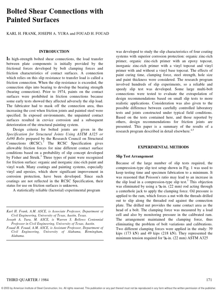 EJ - 1984 - 3Q - Bolted Shear Connections With Painted Surfaces | PDF ...