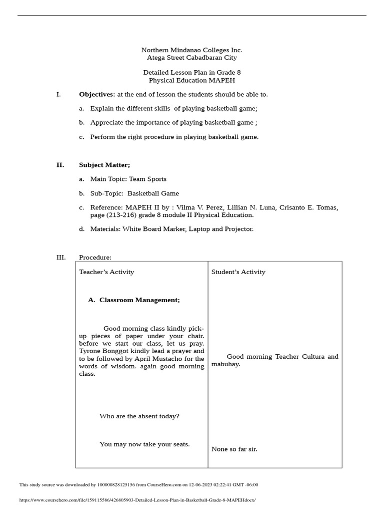 Detailed Lesson Plan in Basketball Grade 8 MAPEH | PDF | Indoor Sports ...