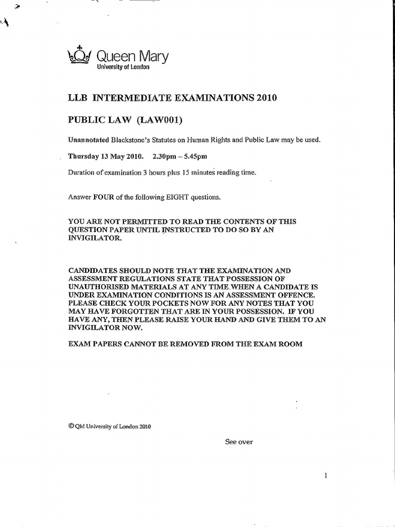 2010 - LAW001 Public Law Exam Paper | PDF