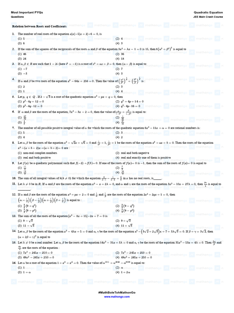 Question Most Important PYQs Quadratic Equation JEE Main Crash Course MathonGo | PDF | Zero Of A ...