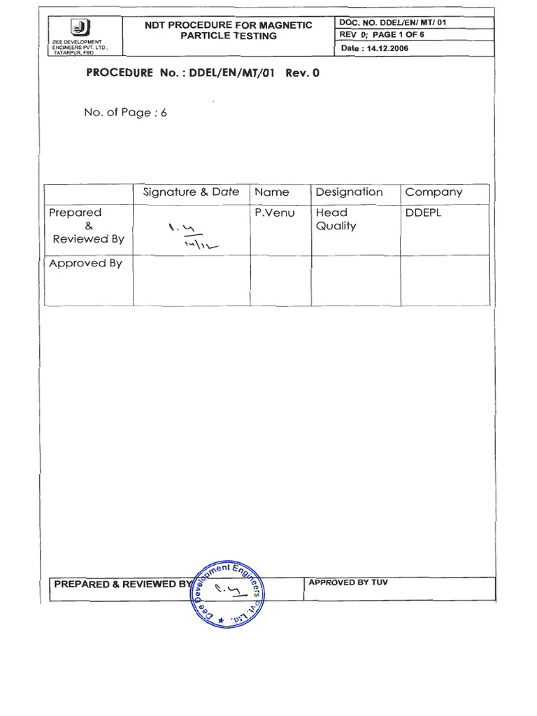 NDT Procedure For en (MPT) | PDF