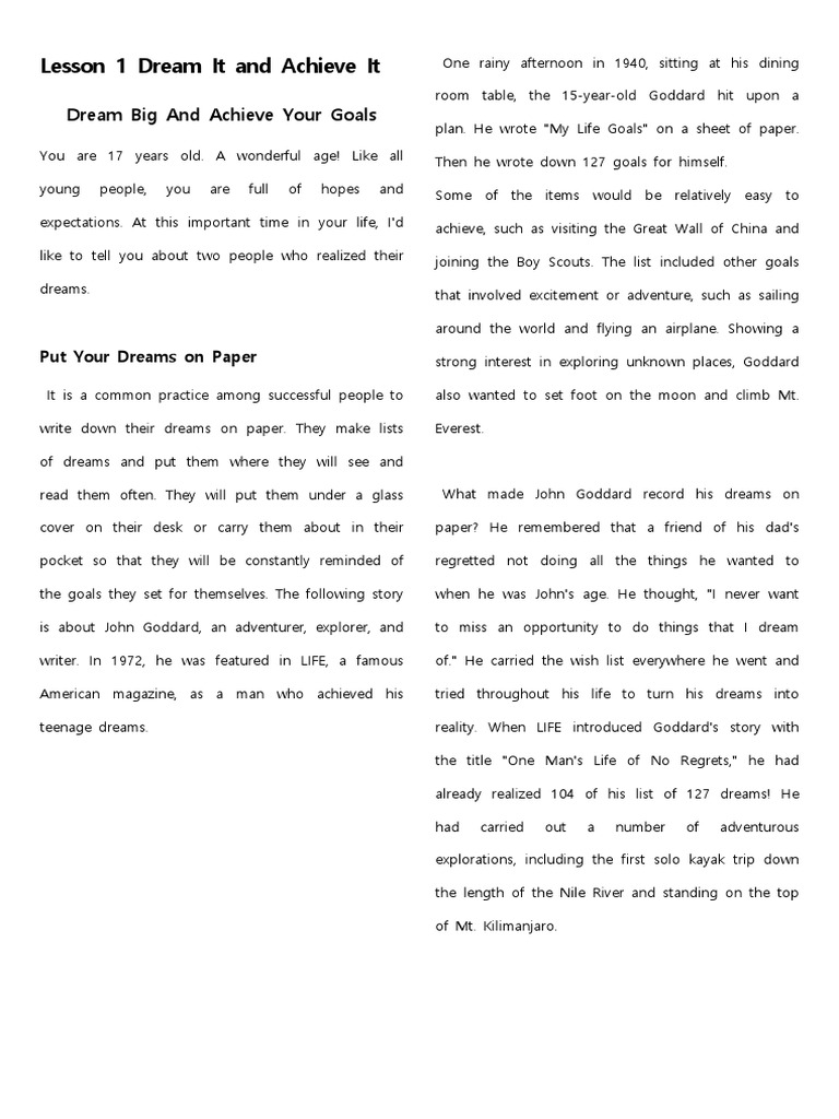 Lesson 1 Dream It and Achieve It | PDF