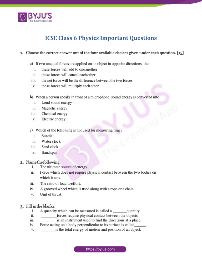 ICSE-Class-6-Physics-Important-Questions | PDF | Force | Friction