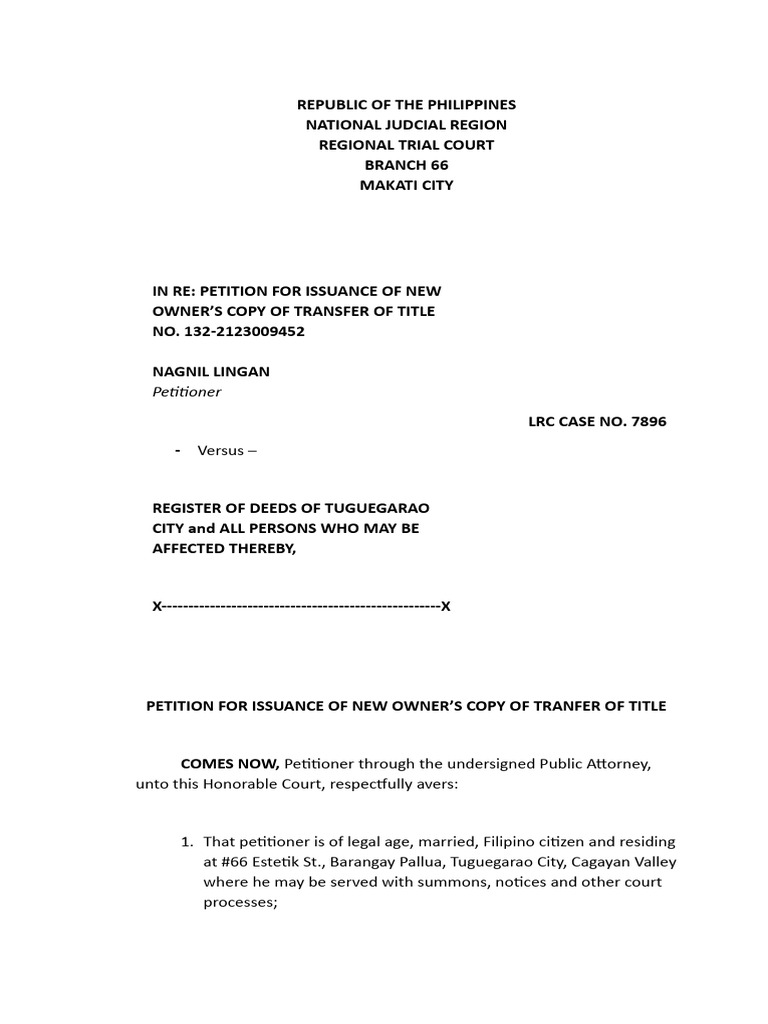 Petition For Issuance of Lost Owners Duplicate | PDF | Deed | Affidavit
