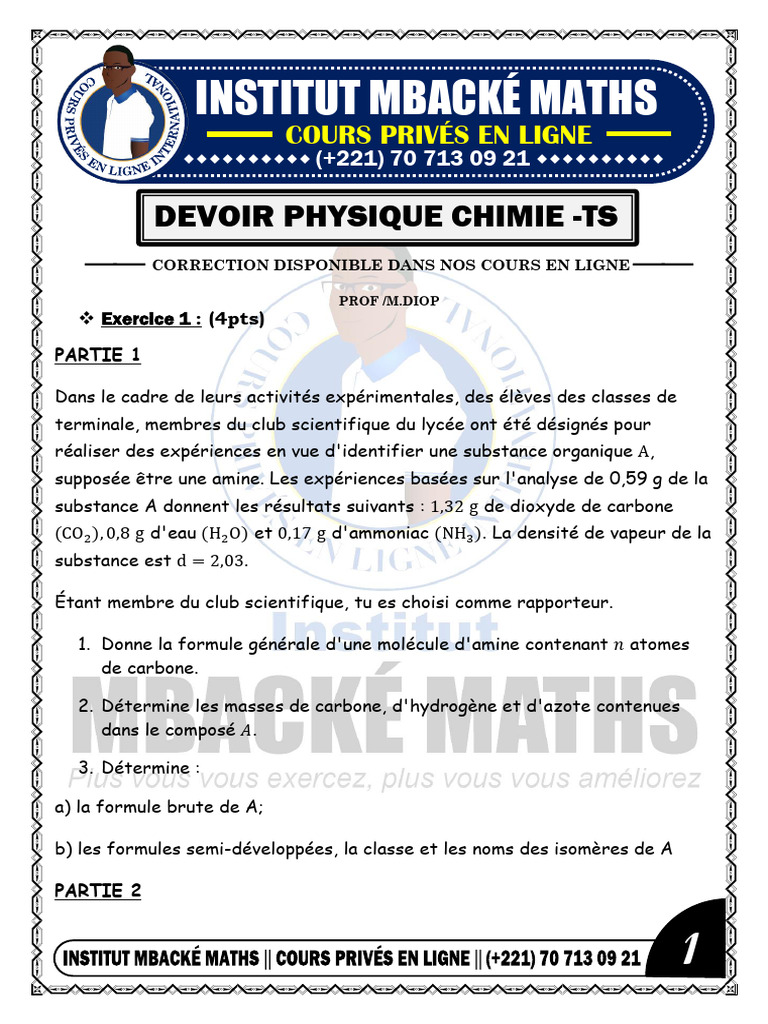 Devoir PC M.diop Terminale S | PDF | Méthodes et références pédagogiques