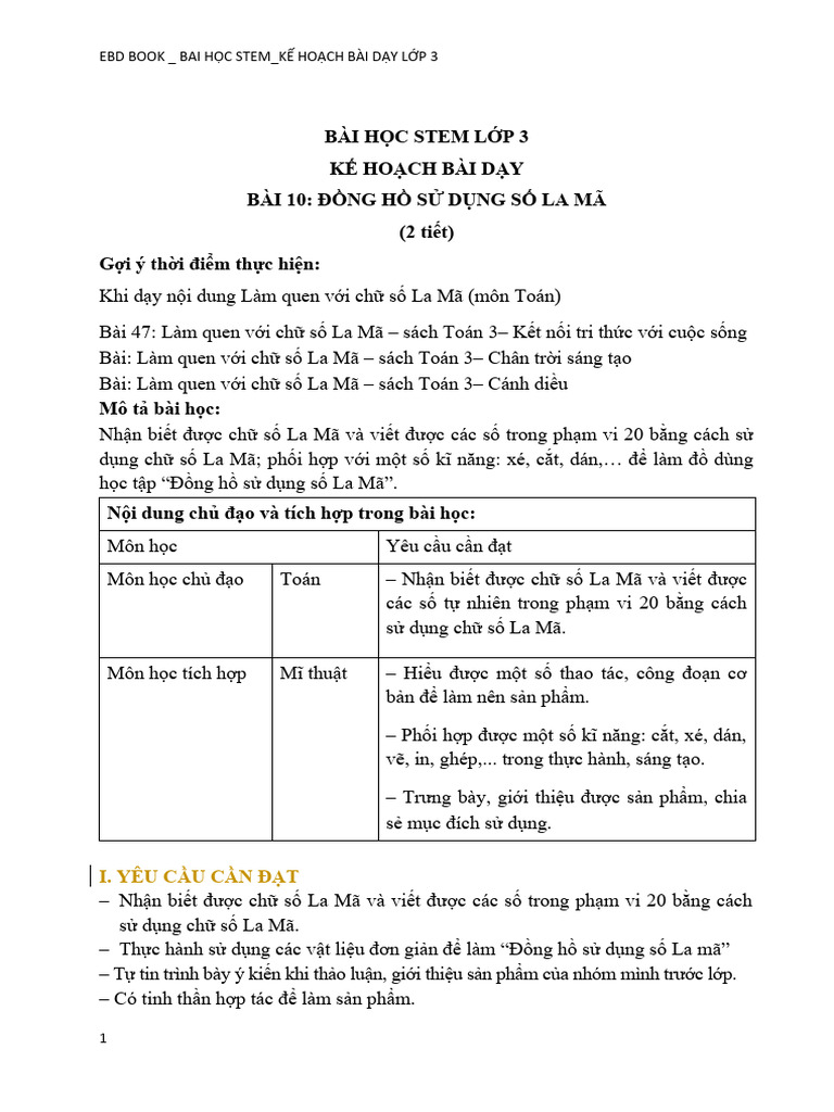 Bh Stem 3 - bài 10 - đồng Hồ Sử Dụng Số La Mã - khbd | PDF