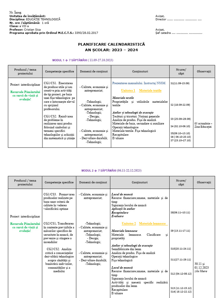 Clasa 7 Planificare Anuala 20232024 | PDF