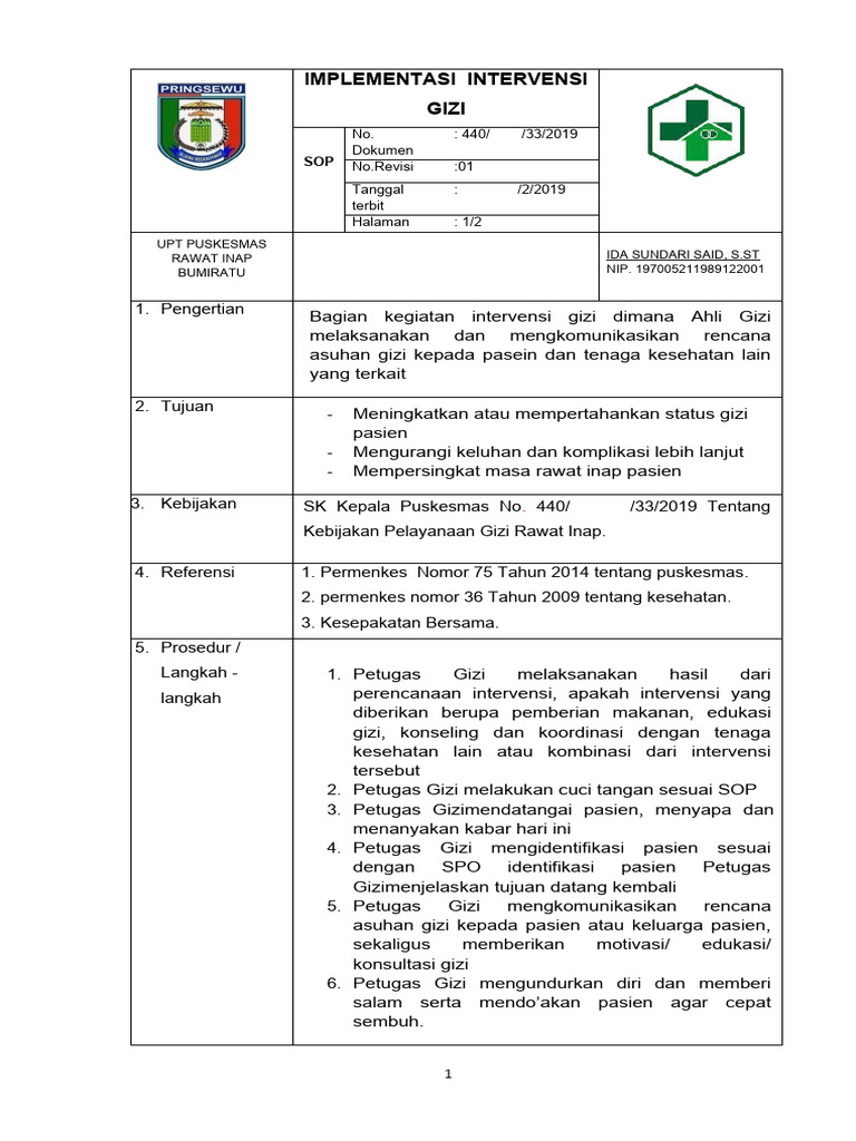 Sop. Implementasi Intervensi Gizi | PDF