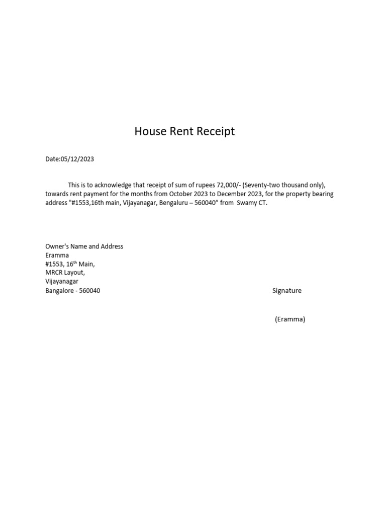 House Rent Receipt Acknowledgements | PDF