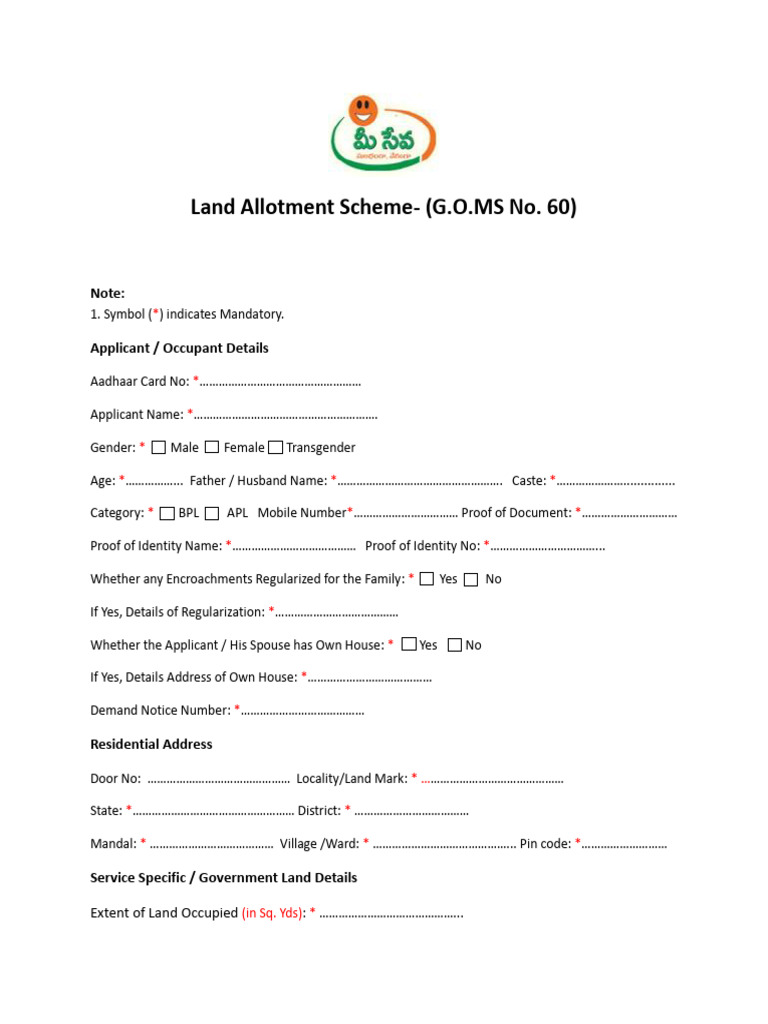 Land Allotment Application Form | PDF | Government | Government And ...