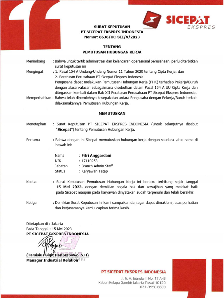 Surat Keputusan PHK Karyawan Sicepat | PDF | Bisnis | Pengelolaan ...