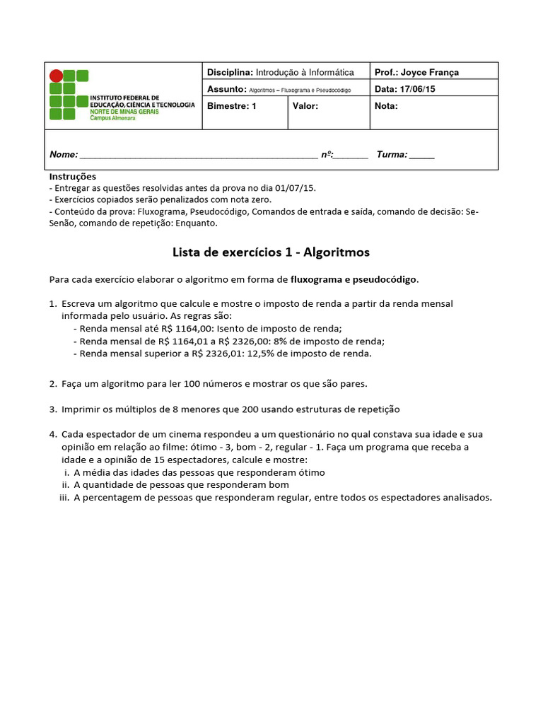 Lista de Exercícios 1 - Algoritmos | PDF
